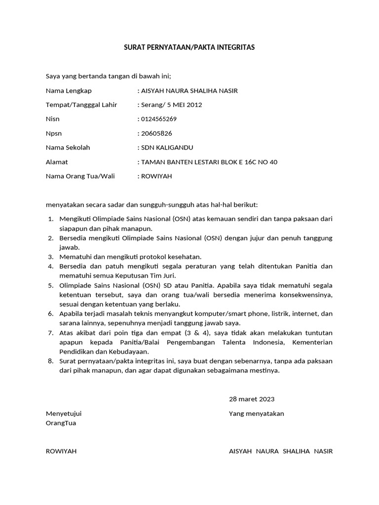 Lampiran 1 - Ais Surat Pernyataan Pakta Integritas | PDF