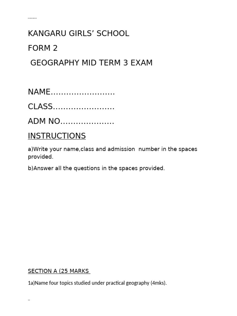 Kangaru Girls' Geo Form 2 Exam | PDF