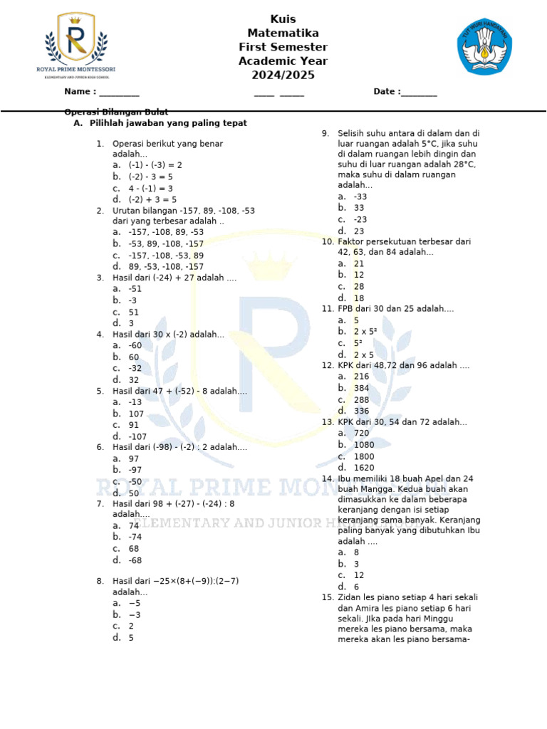 Kuis Matematika Kelas 7 Operasi Bilangan Bulat New | PDF