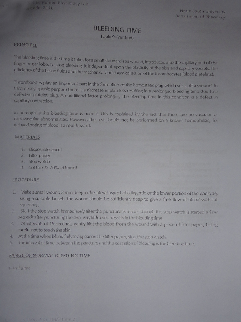 Human Physiology - II (Bleeding Time) | PDF