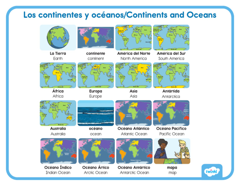 Color The Continents and Oceans Word Mat in English - Spanish | PDF ...