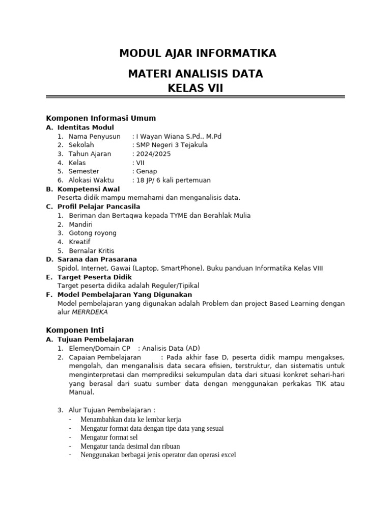 7 Modul Ajar Informatika Analisis Data Kelas 7 2024-2025 | PDF