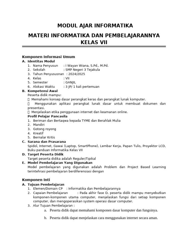 7 Modul Ajar Informatika Dan Pembelajarannya Kelas 7 2024-2025 | PDF