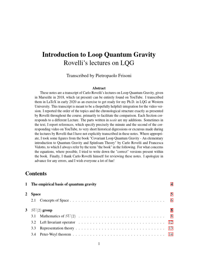 Introduction To Loop Quantum Gravity, ROVELLI, 2020 | PDF