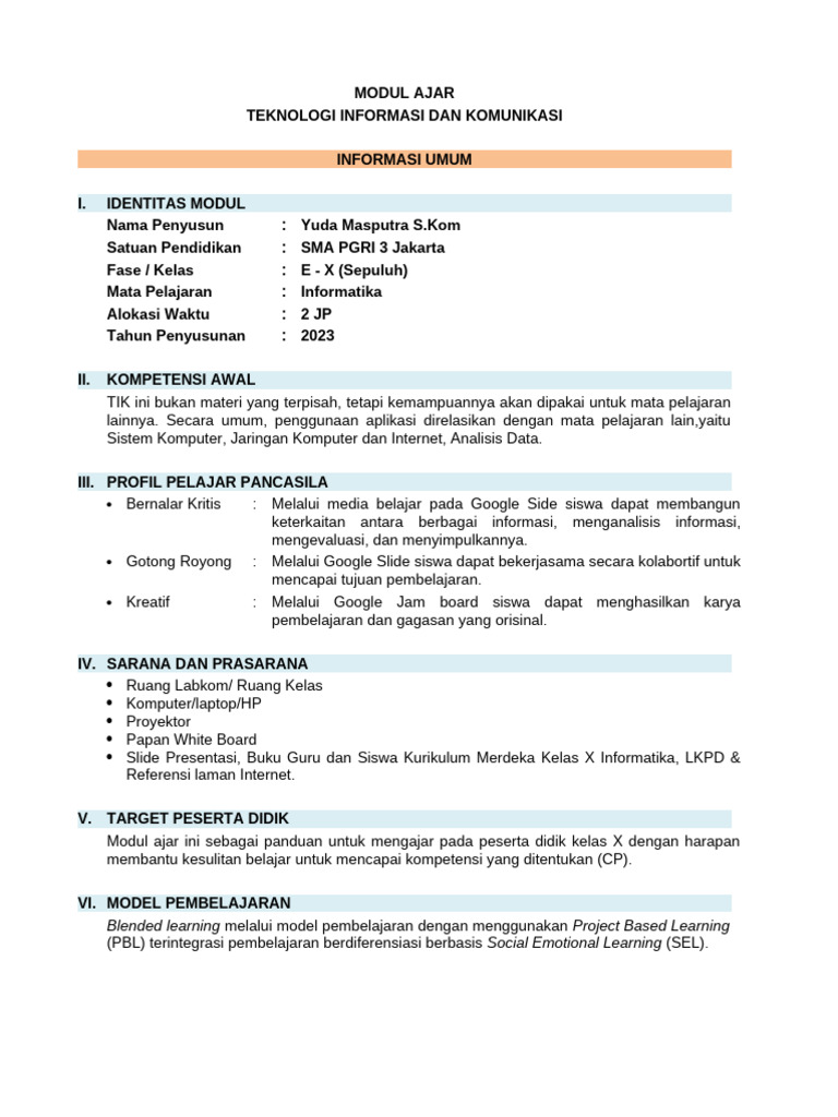 Informatika Bab 3 - Teknologi Informasi Dan Komunikasi MODUL AJAR | PDF
