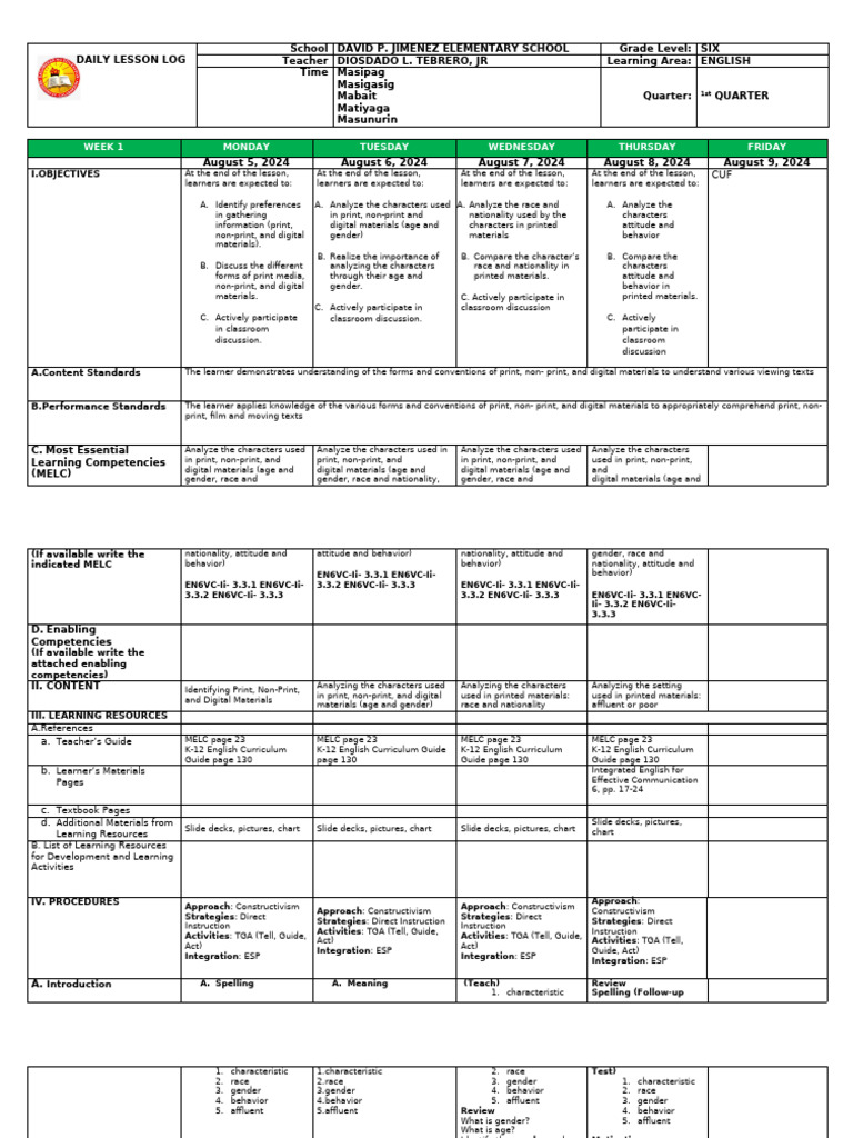 DLL - English 6 - Q1 - WK2 | PDF