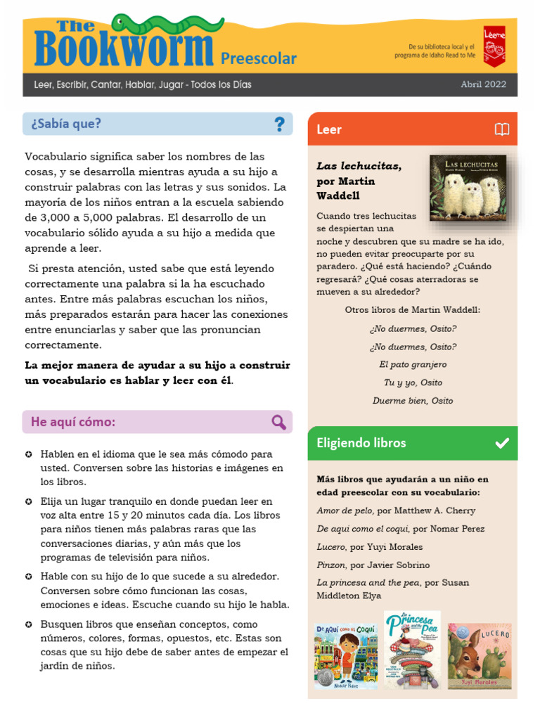 Bookworm Preschool Spanish April2022Ssha | PDF
