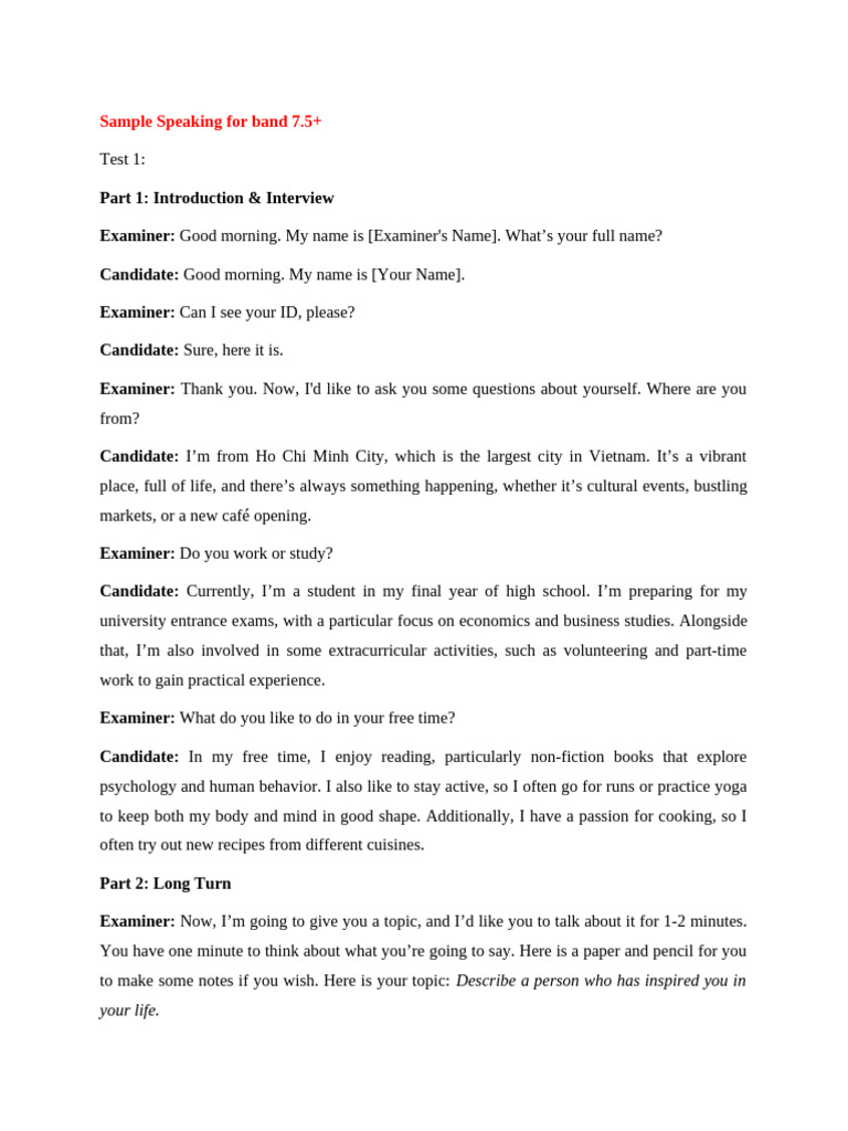 Sample Speaking For Band 7,5+ | PDF | Psychological Resilience | To ...