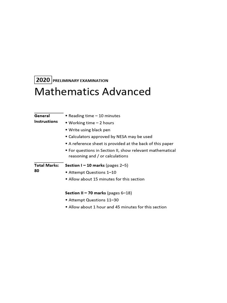2020 Year 11 Mathematics Advanced Examination | PDF