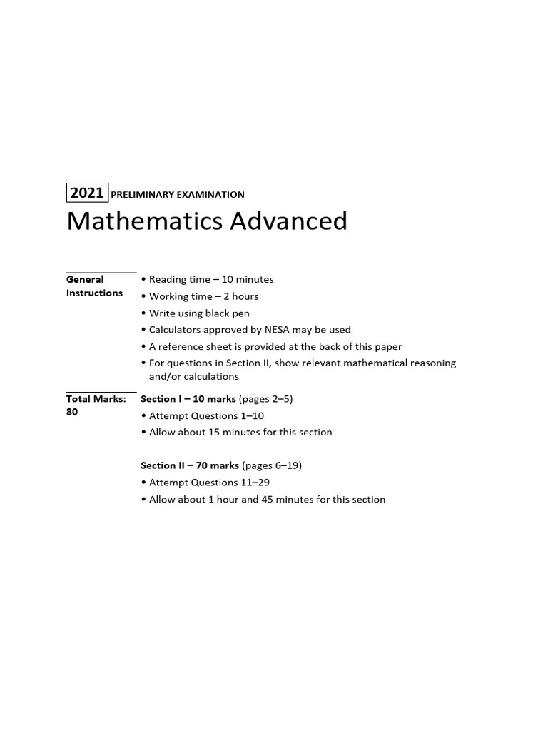 2021 Year 11 Mathematics Advanced Examination | PDF
