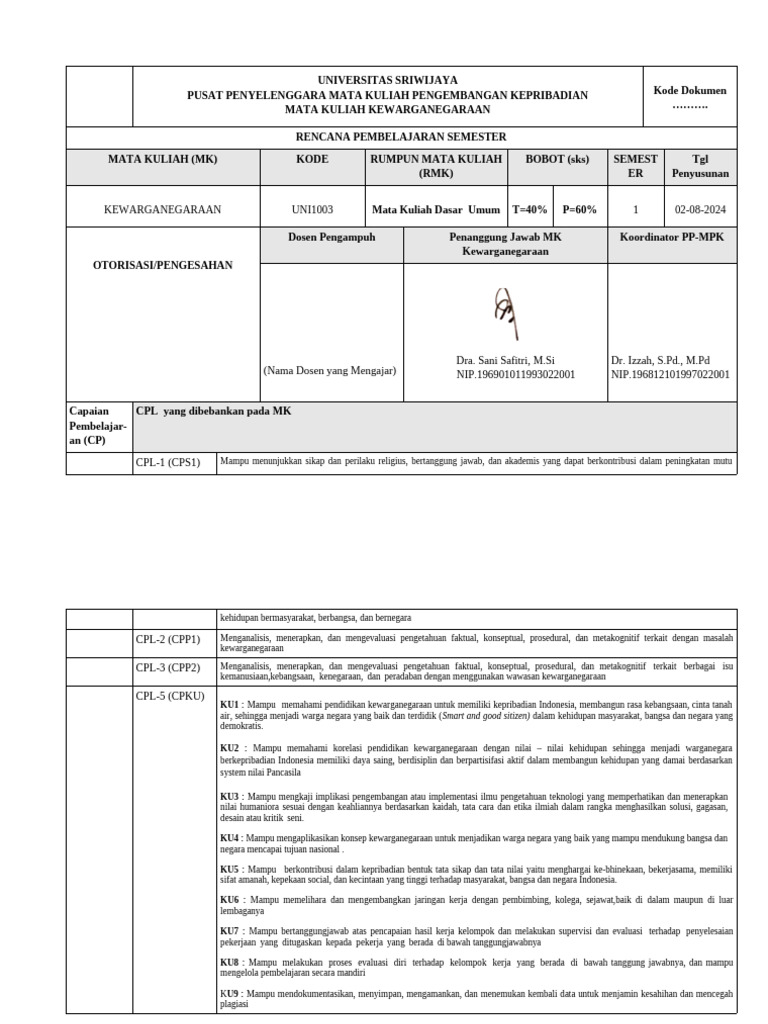 RPS Kewarganegaraan UNSRI 2024 | PDF