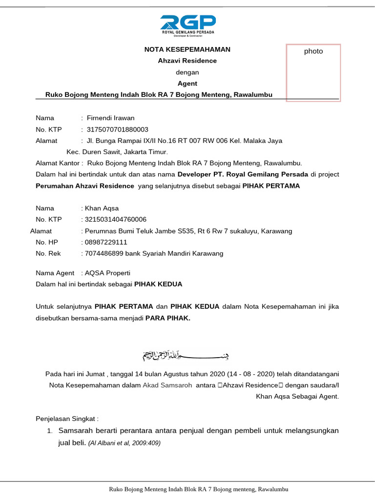 Mou Ahzavi Residence Pd Gede dengan AQSA Properti Agency | PDF