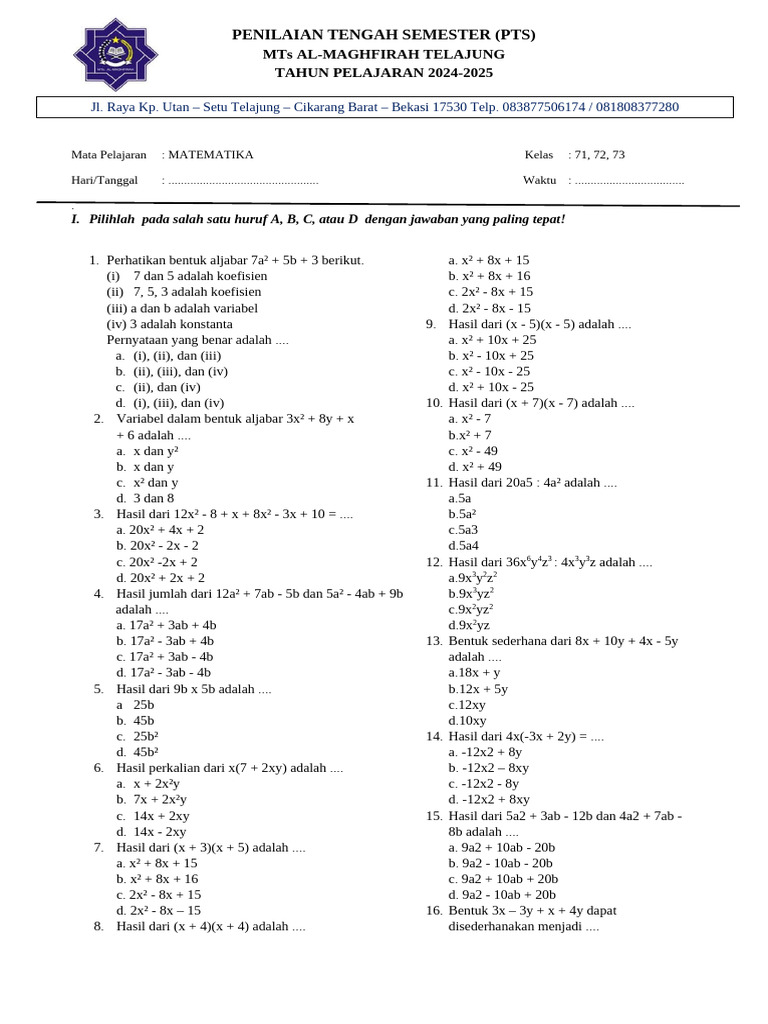 Soal PTS Matematika KLS 7 2024 | PDF