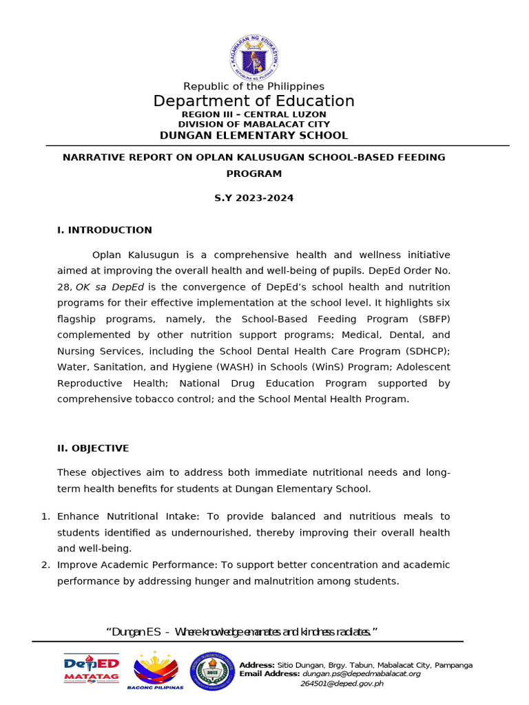 School Based Feeding Program Njarrative Report | PDF | Nutrition | Diet ...