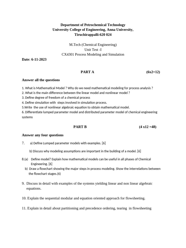 Process Modelling and Simulation UT-1 QN - Paper 2023 | PDF