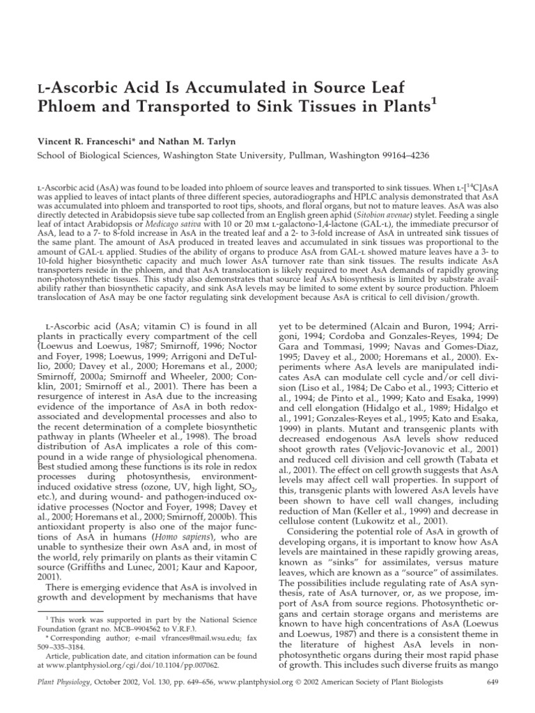L-Ascorbic Acid Is Accumulated in Source Leaf | PDF