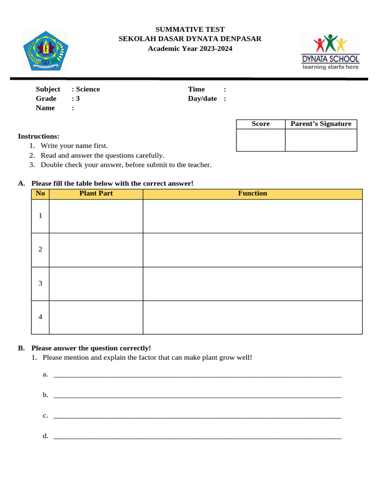 Grade 3 Science Summative Test Pdf