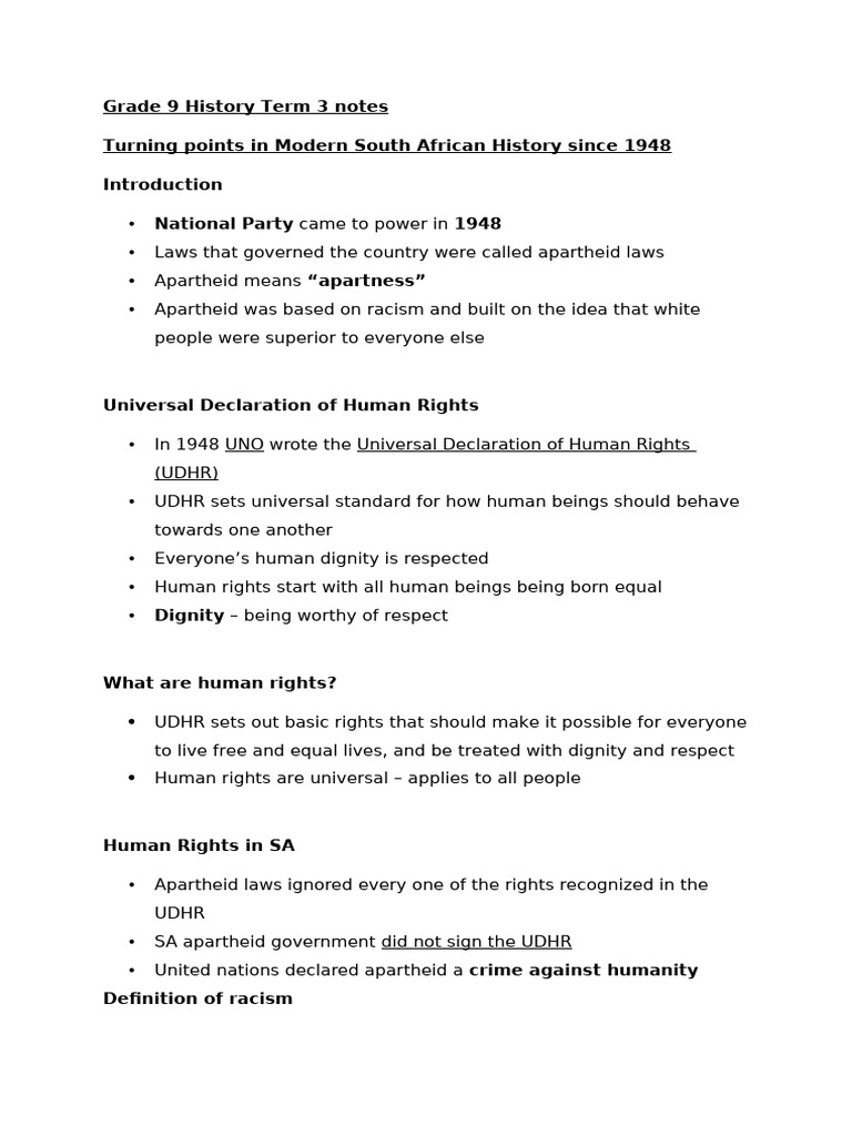 Grade 9 History Term 3 Notes First Part | PDF | Apartheid | Social Science