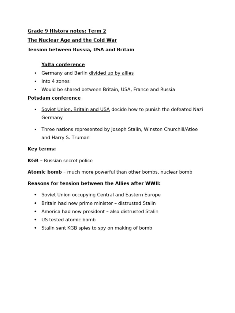 Grade 9 History Notes Term 2 | PDF | Cold War | Politics
