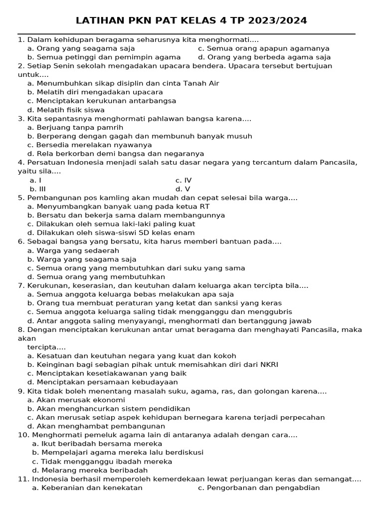 Latihan PKN Pat Kelas 4 TP 2023 | PDF