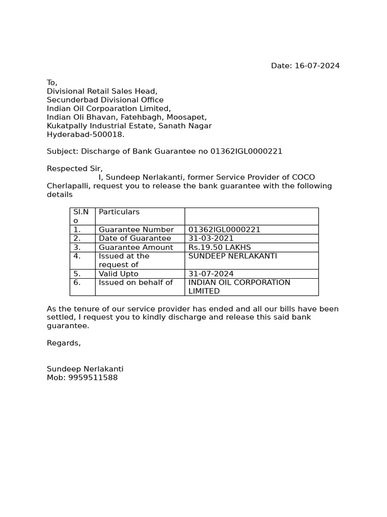 Bank Guarantee Discharge Letter | PDF