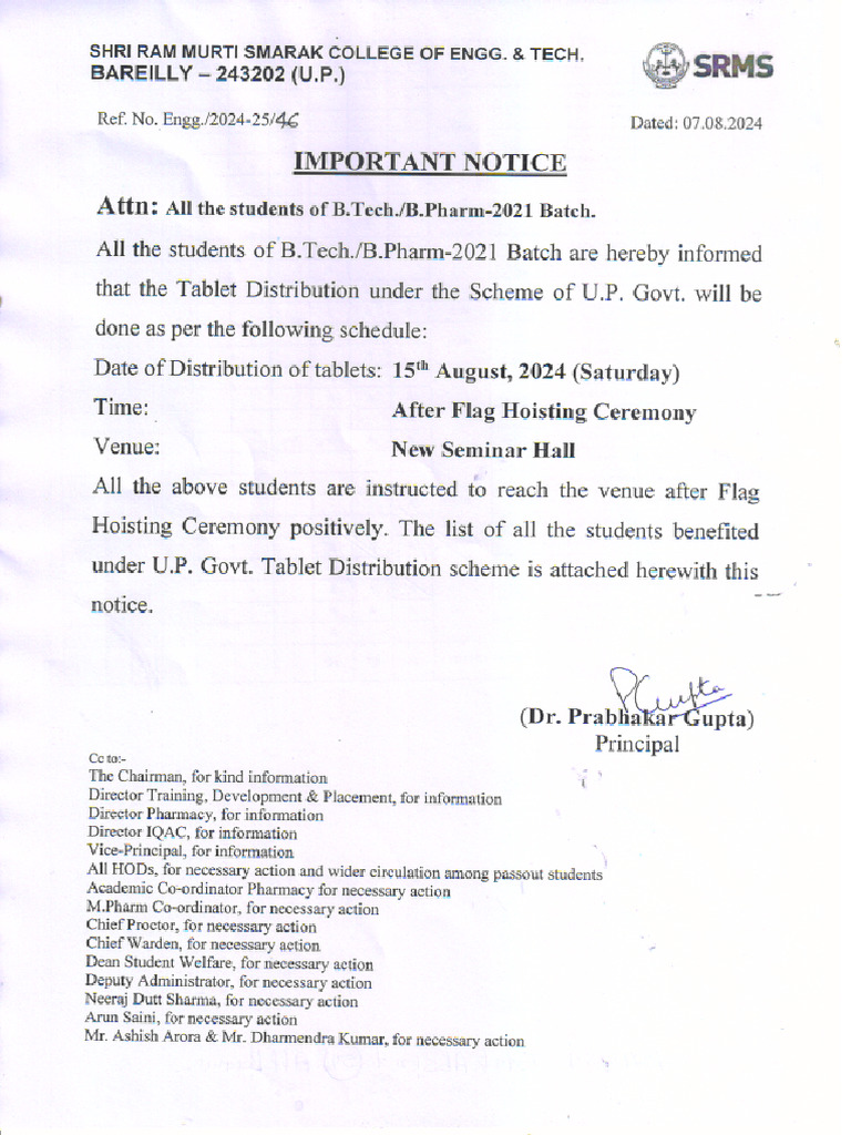 Notice For Tablet Distribution For Final Year Students | PDF