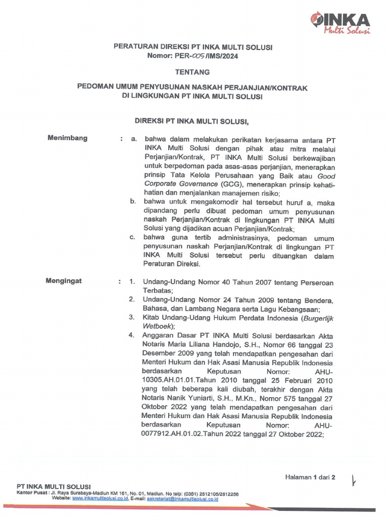 PER-005-IMS-2024 Pedoman Umum Penyusunan Naskah Perjanjian Atau Kontrak ...