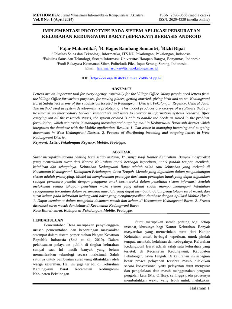 Artikel 1 1 8 Implementasi Prototype Pada Sistem Aplikasi Persuratan Kelurahan Kedungwuni Barat ...