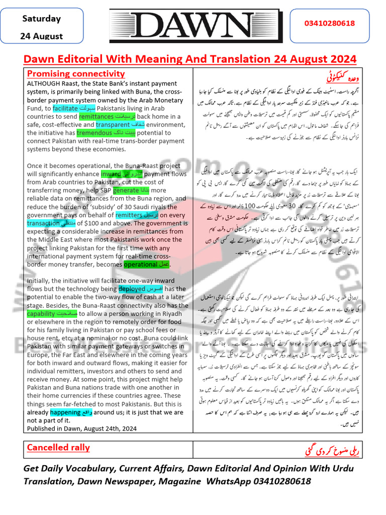 August 24 Dawn Editorial With Urdu Translation | PDF