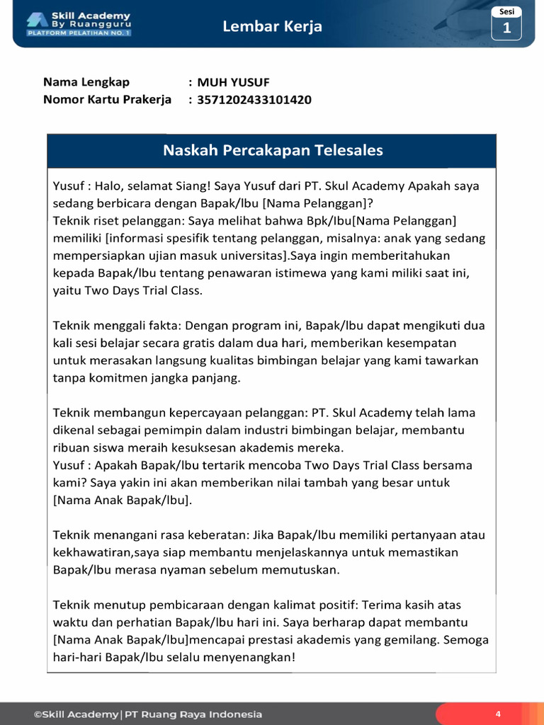 TPM 1 Naskah Percakapan Telesales - (MUH YUSUF) | PDF
