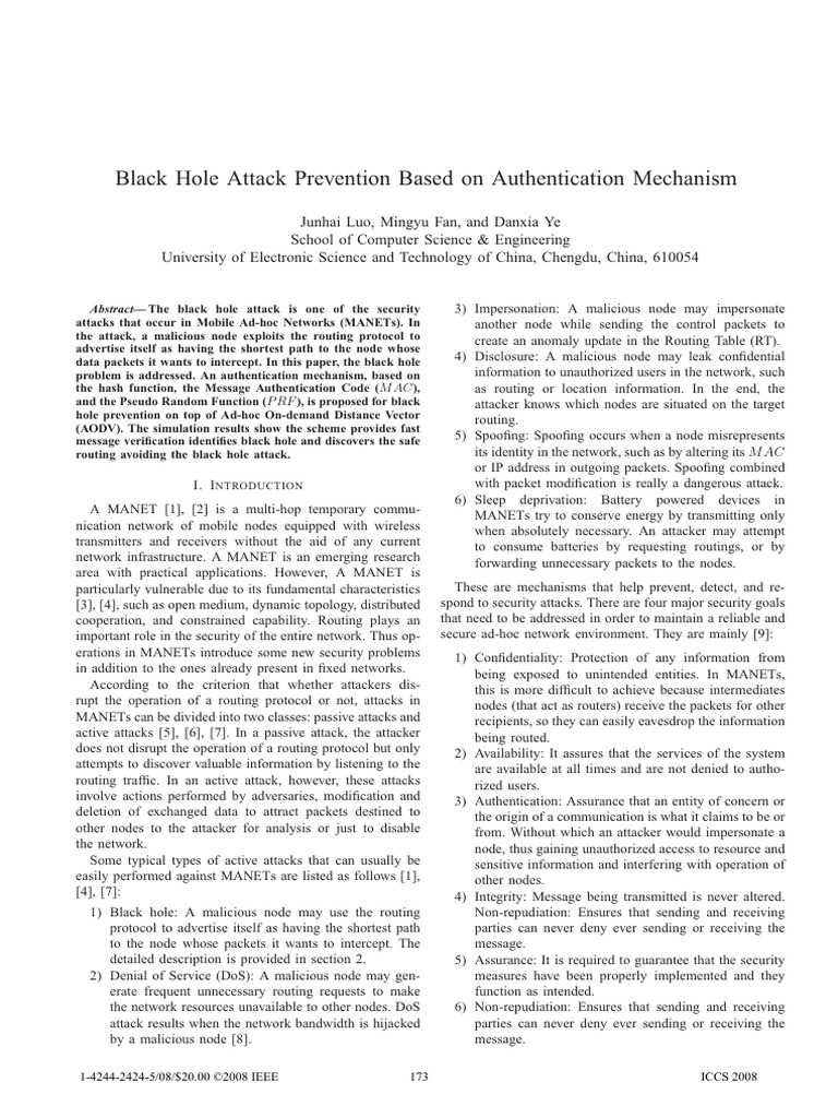 Black Hole Attack Prevention Based On Authentication Mechanism | PDF