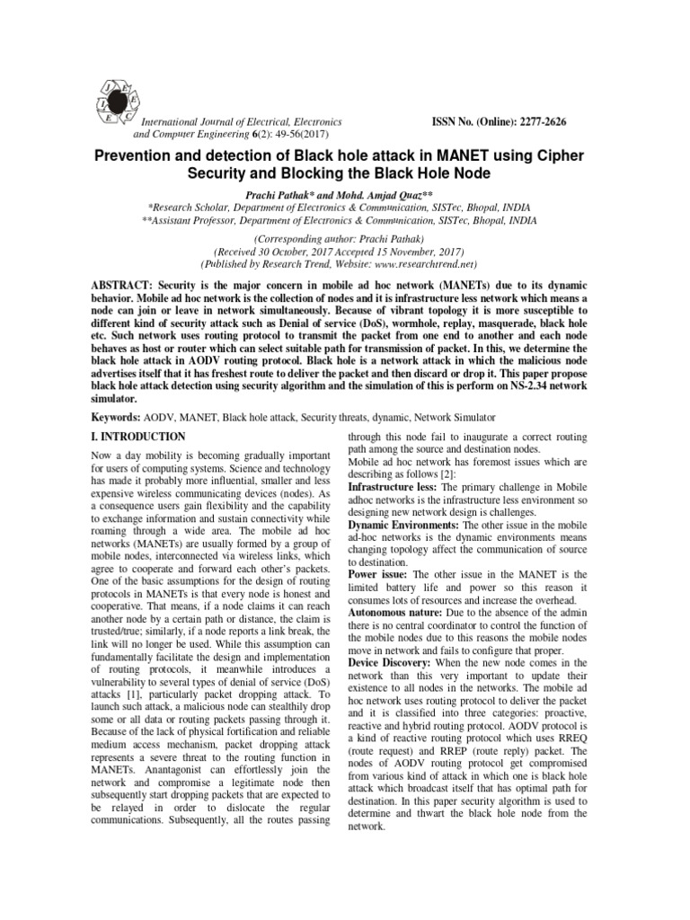 Prevention and Detection of Black Hole Attack in MANET Using Cipher Security and Blocking The ...