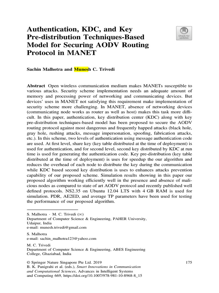 Authentication Kdc And Key Pre Distribution Techniques Based Model For Securing Aodv Routing