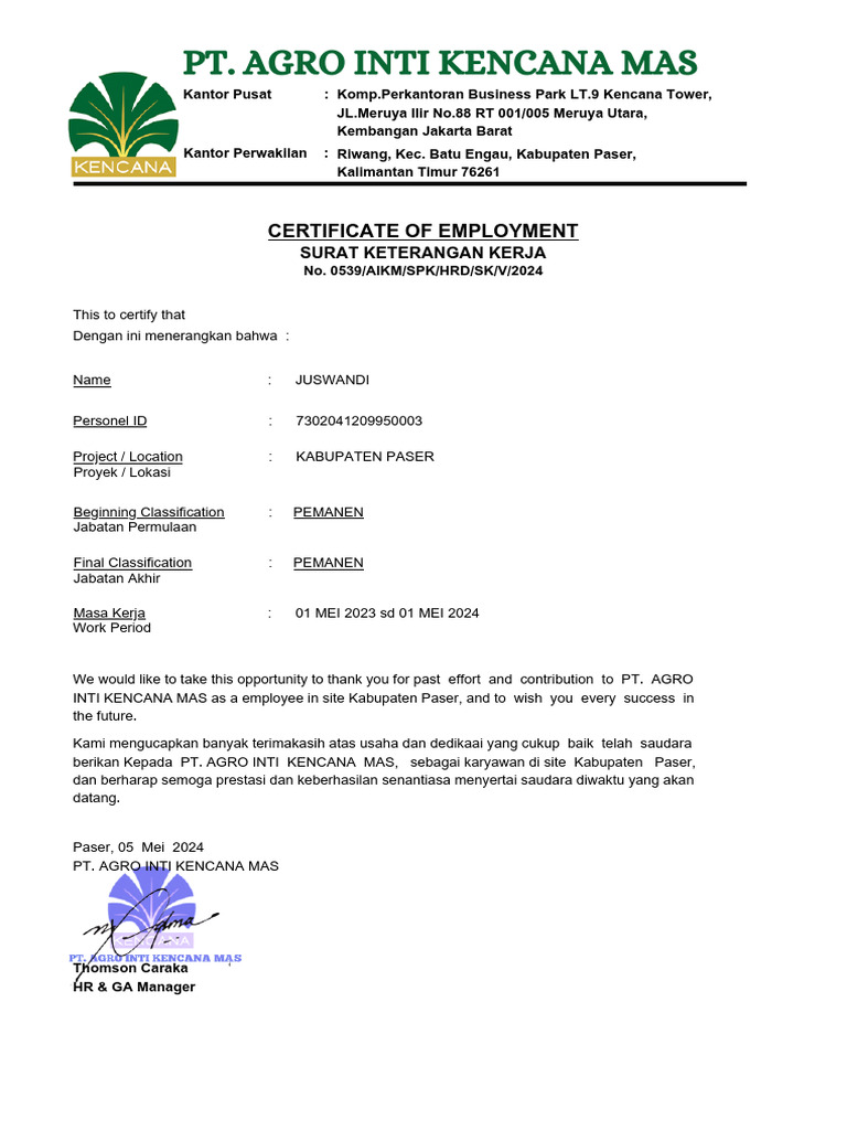 Pt. Agro Inti Kencana Mas I | PDF