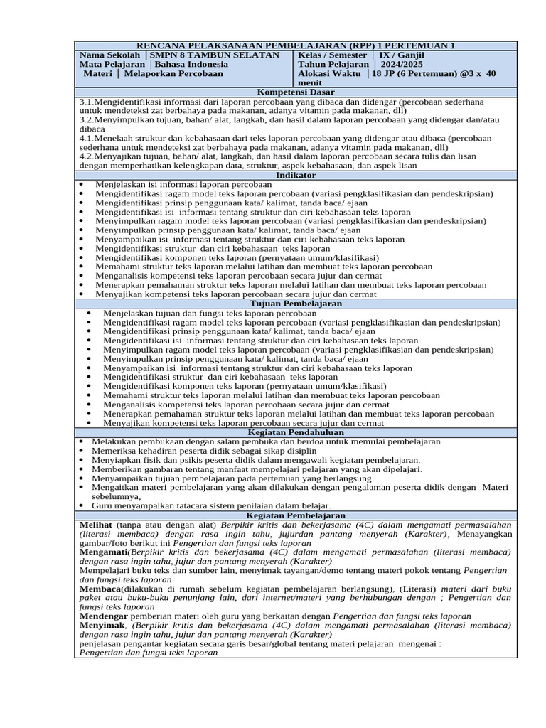 RPP 1 Melaporkan Percobaan OK | PDF
