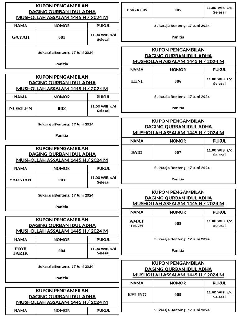 Kupon Pengambilan Daging Kurban 2024 | PDF