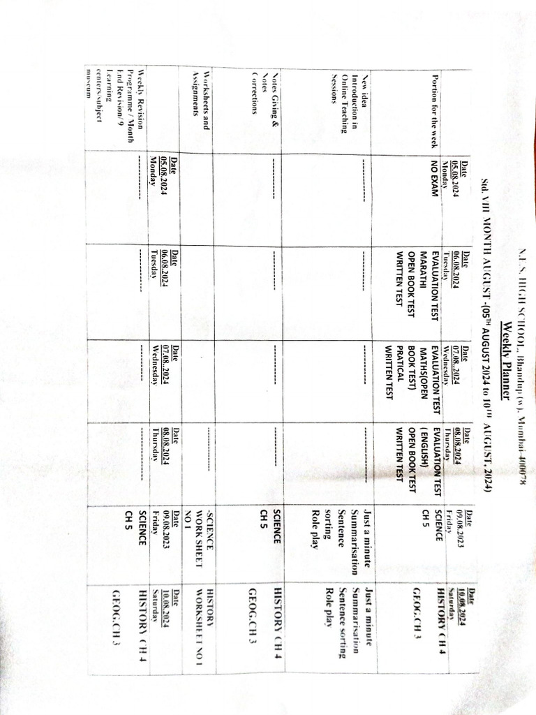 STD 8 Weekly Planner | PDF