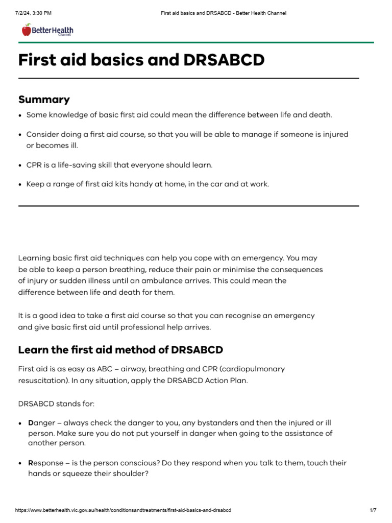 First Aid Basics and DRSABCD - Better Health Channel | PDF