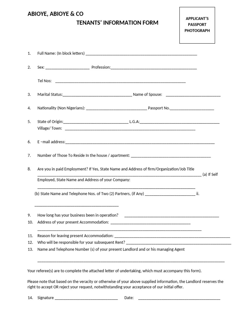 Tenant Profile Form-1 | PDF
