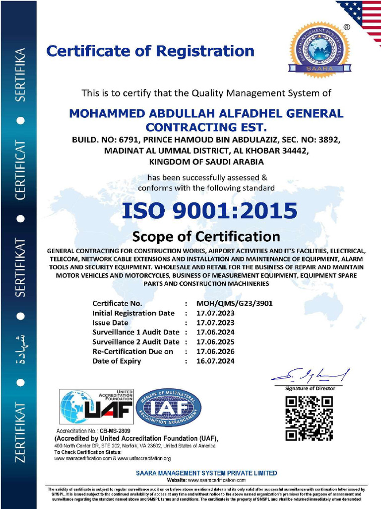 ISO Mohammed Abdullah Alfadhel General Contracting Est.-QMS | PDF