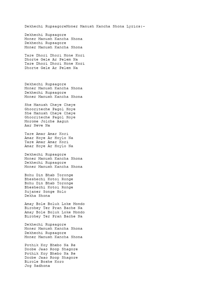 Dekhechi Rupsagore Moner Manush Kacha Shona Lyrics in English | PDF | Religion & Spirituality