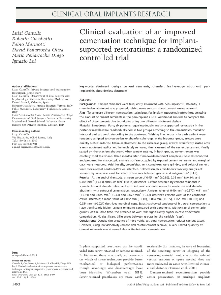 Clinical Oral Implants Res - 2015 - Canullo - Clinical Evaluation of An Improved Cementation ...
