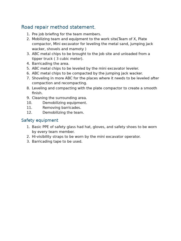 Road Repair Method Statement | PDF
