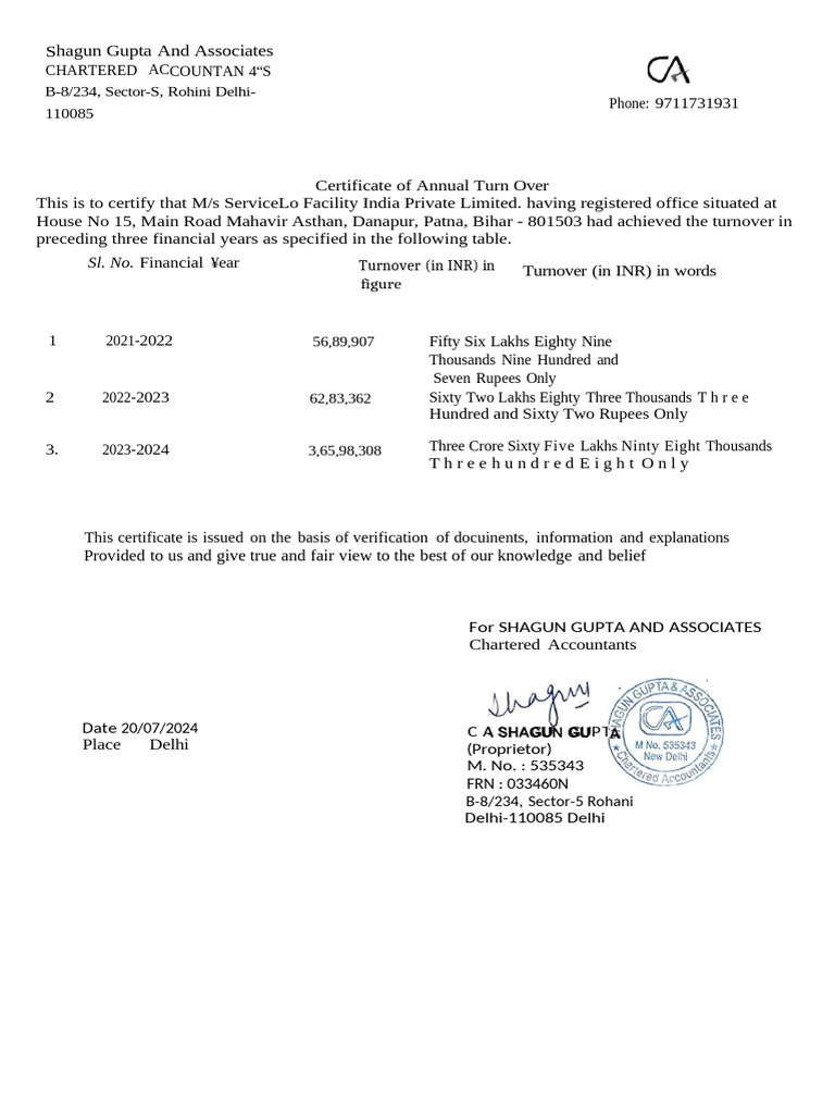 CA Certificate 20-23 Servicelo | PDF