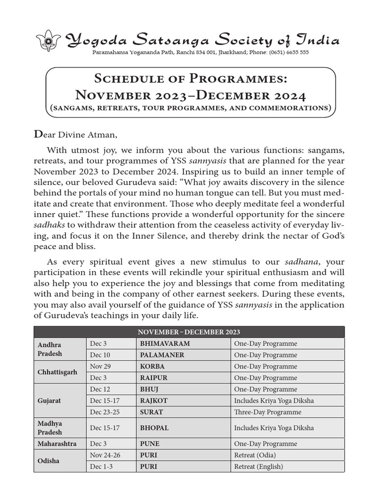 YSS Retreats and Monastic Tours Bulletin November 2023 December 2024 English | PDF