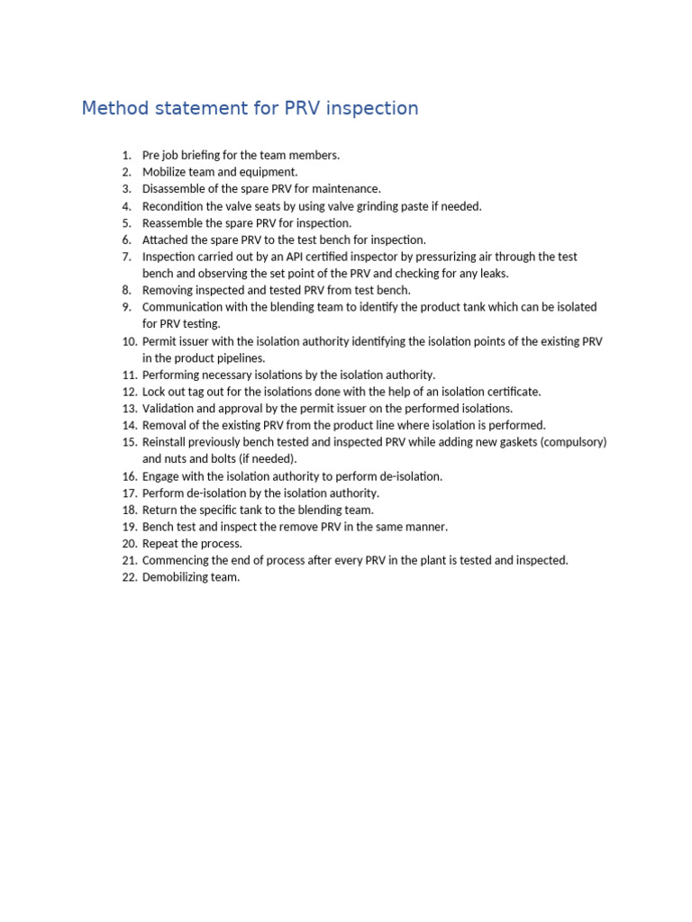 Method Statement For PRV Inspection | PDF