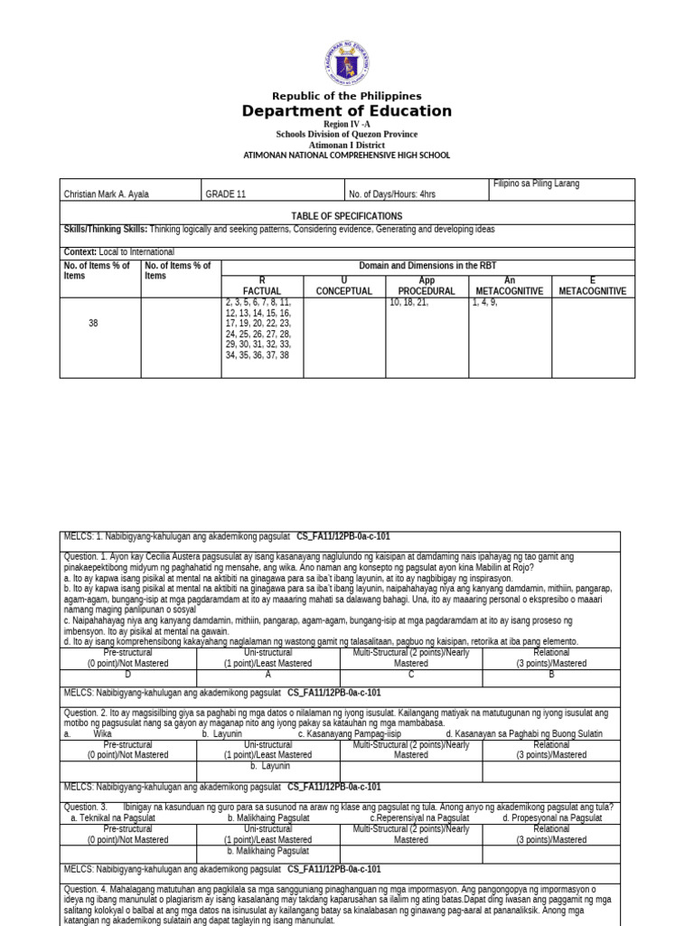 Piling Larang Tos Q1 | PDF