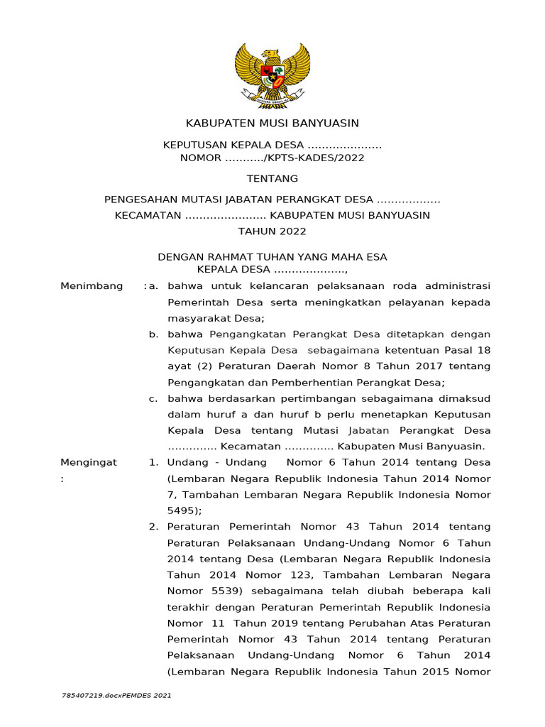 Format SK MUTASI PERANGKAT DESA. | PDF