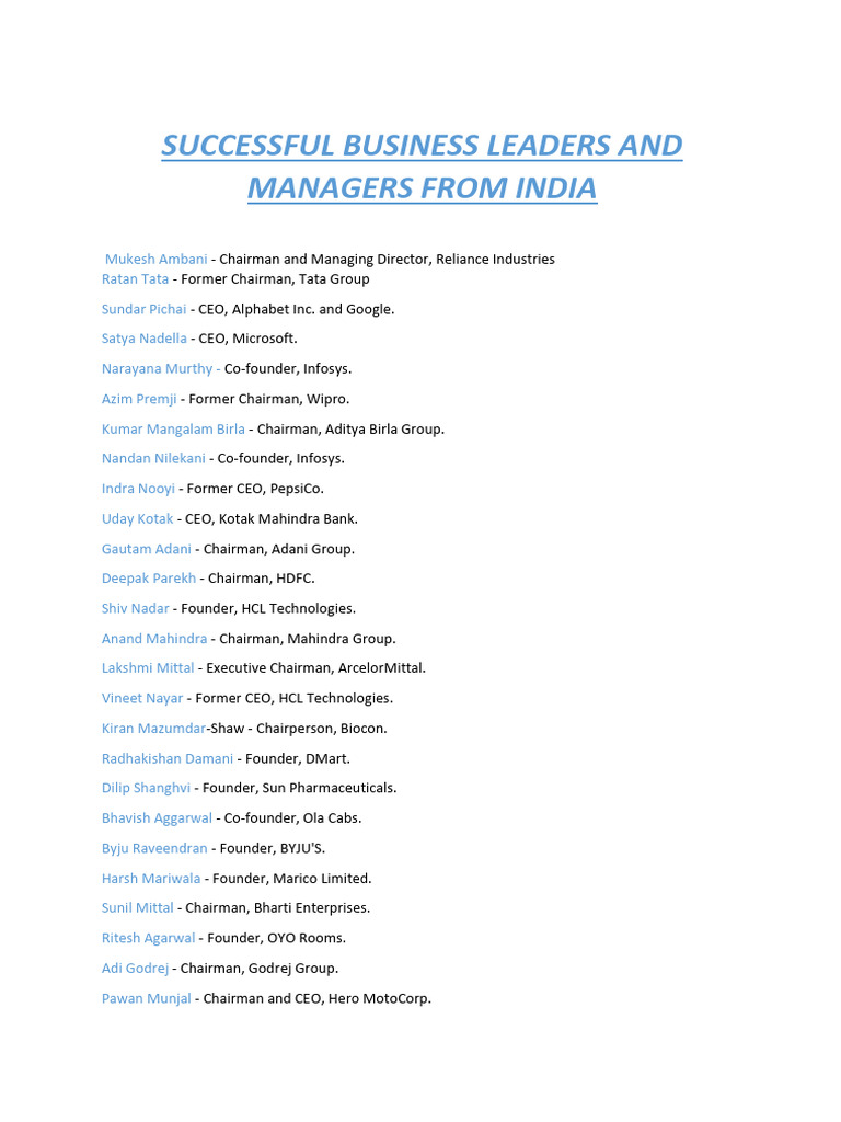 Successful Business Leaders and Managers From India | PDF