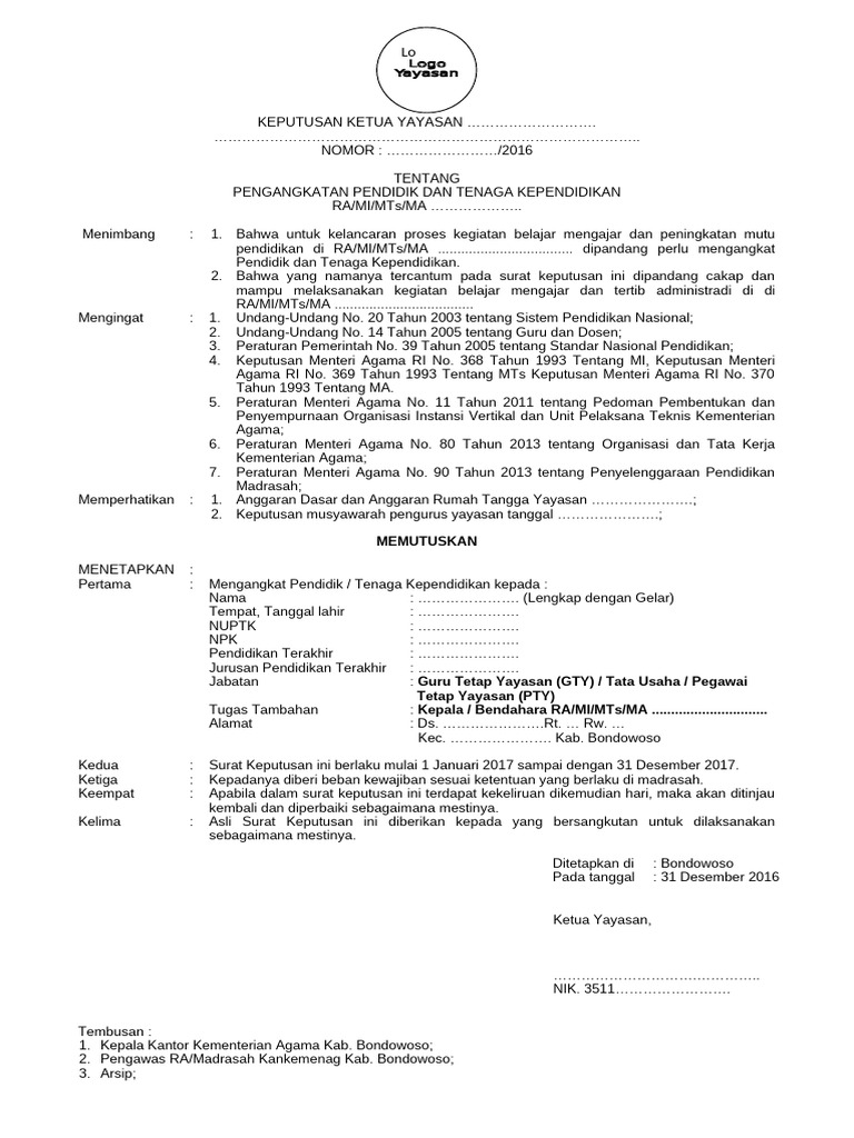 Contoh SK Pengangkatan Pendidik Dan Tenaga Kependidikan Revisi | PDF